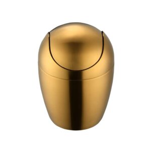 mini desktop trash can with swing lid, gold metal garbage can, premium stainless steel 18/10 reusable waste bin for kitchen bathroom office dressing table counter top, egg shaped(gold, 0.4 gallon)