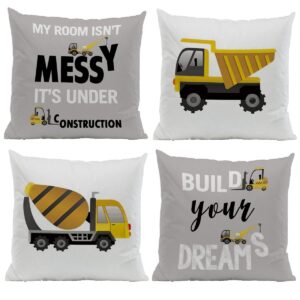 zjsyxxu construction truck kids pillow covers - construction room decor for boys, construction toddler bedding decorative throw pillows cover for bedroom playroom, 18x18 pillow cover set of 4