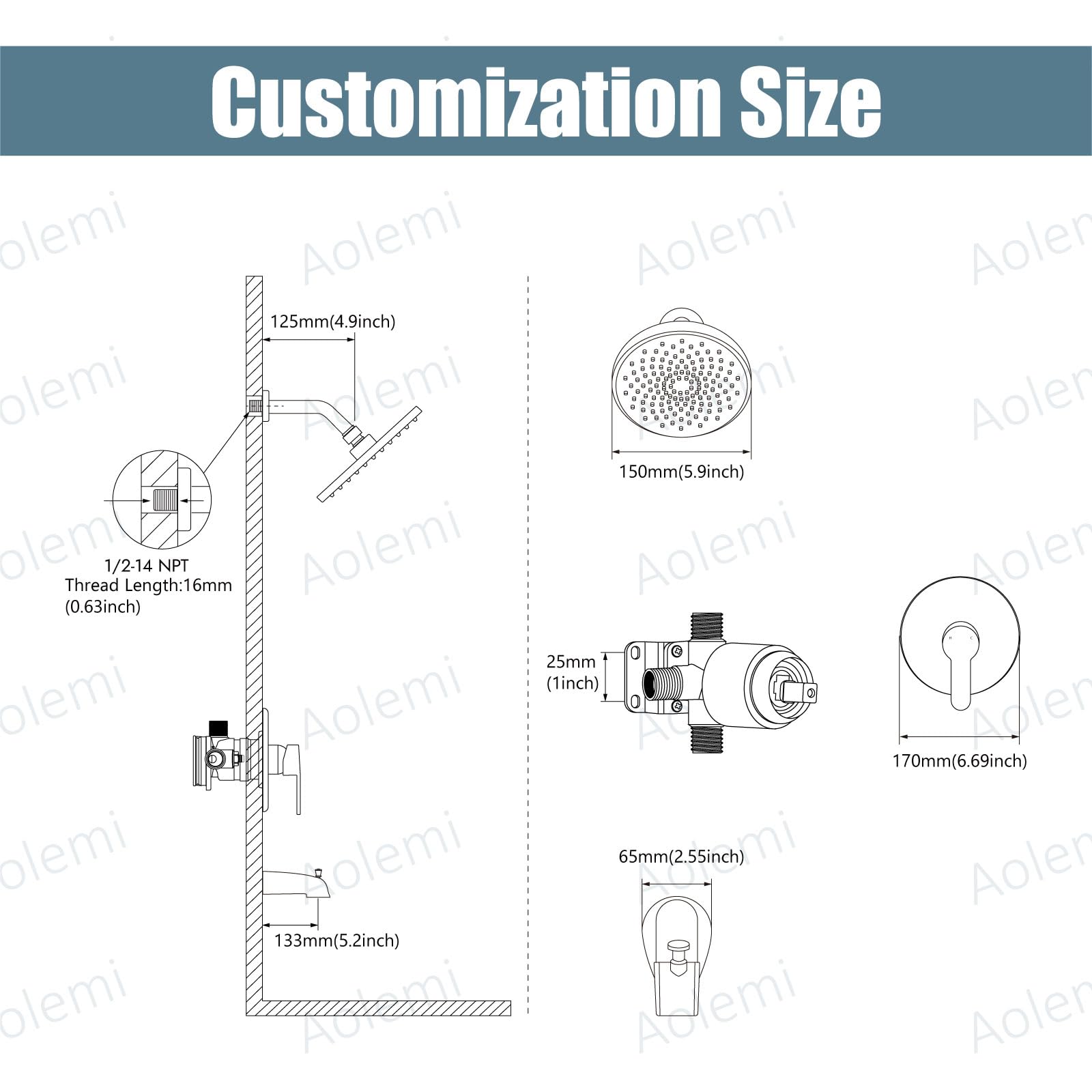 Aolemi Tub Shower Faucet Set With Valve Wall Mount Shower Trim Kit 6 Inch Bathtub Fixtures Rough-in Valve Single-Spray Shower Head System 5.3 Inch Tub Spout Matte Black Modern