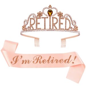 jetkong retirement party decorations retired tiara/crown, retired sash for women retirement gifts, retirement party supplies, gifts, favors (rose gold)