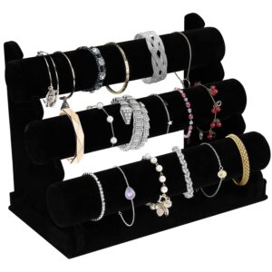 ospnieek velvet bracelet holder with 3 tier rack, black detachable jewelry display stand t-bar necklace storage organizer for bangles watch bracelets scrunchies organization showcase