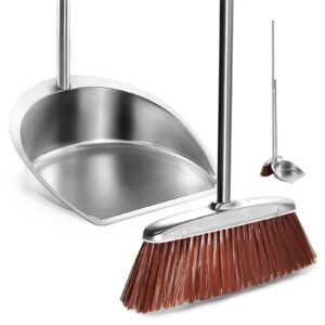 broom and dustpan set with long handle, heavy duty broom with dustpan combo set, windproof upright stainless steel dust pan with kitchen brooms for home office lobby indoor outdoor use, brown