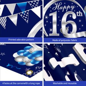 Kauayurk Blue Silver 16th Birthday Banner Decorations for Boy - Happy 16 Birthday Backdrop Party Supplies - Sixteen Birthday Poster Photo Props Brackground Sign Decor