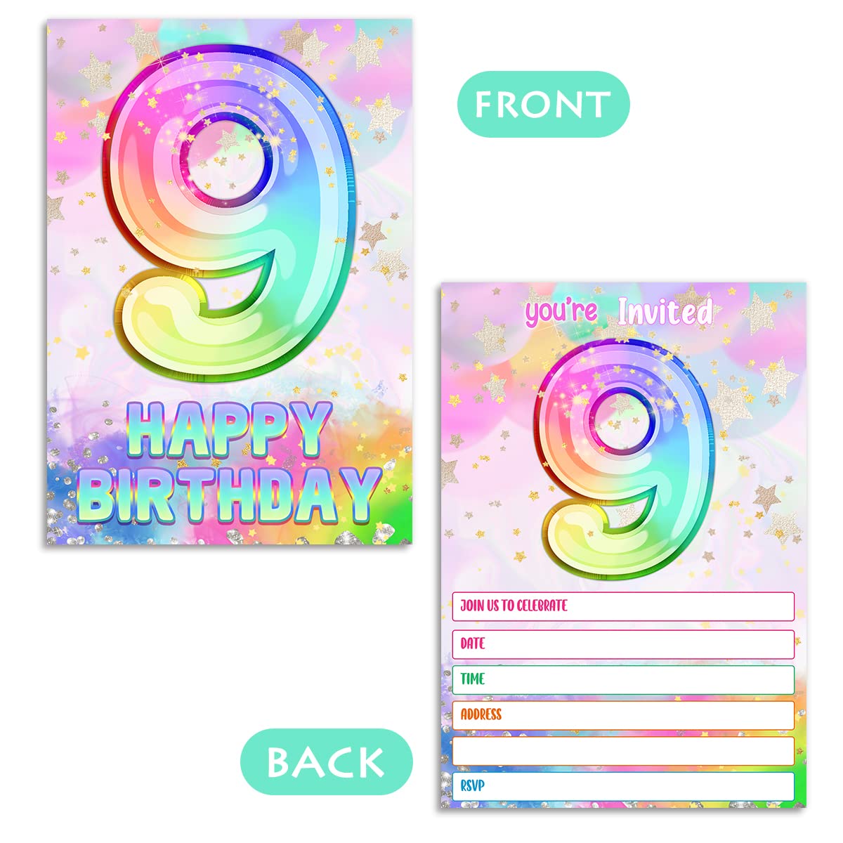 MUZRUYOU 9th Birthday party Invitation Cards, Rainbow Holographic invite with Envelopes（20 set