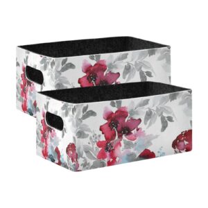 kcldeci burgundy red flower storage bins baskets for organizing, blue gray floral spring summer sturdy storage basket foldable storage baskets for shelves closet nursery toy