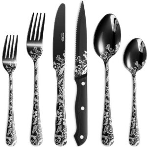 fivent 24-piece black butterfly silverware set, service for 4, stainless steel flatware set with steak knives, mirror polished cutlery set, hand wash recommended…