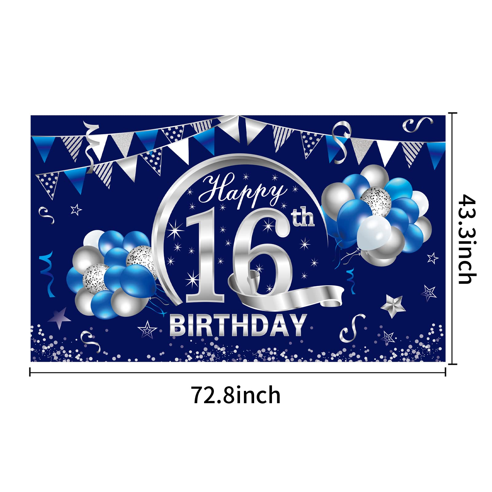 Kauayurk Blue Silver 16th Birthday Banner Decorations for Boy - Happy 16 Birthday Backdrop Party Supplies - Sixteen Birthday Poster Photo Props Brackground Sign Decor