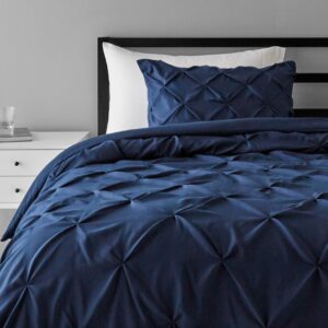 linenera navy blue pinch pleat eastern king size (118" x 110") duvet cover set all season 3pcs cotton