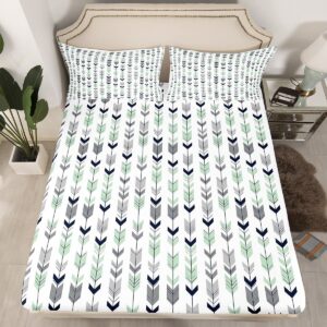 geometric arrows fitted sheet queen, ethnical pattern with feathers boho exotic bedding set 3pcs for kids teens room decor,native tribal teal bed cover, rustic bed sheet set with 2 pillowcases