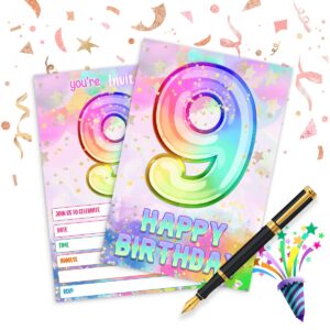 MUZRUYOU 9th Birthday party Invitation Cards, Rainbow Holographic invite with Envelopes（20 set