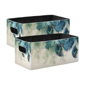 kcldeci watercolor peacock feather storage bins baskets for organizing, teal blue turquoise floral green leaf sturdy storage basket foldable storage baskets for shelves closet nursery toy