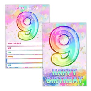 muzruyou 9th birthday party invitation cards, rainbow holographic invite with envelopes（20 set