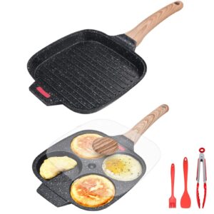 bobikuke 2-piece set, nonstick aluminum egg pan and grill pan with glass lid, induction compatible, pfoa and ptfe free