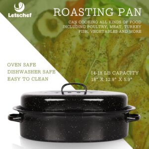 Letschef Roasting Pan 18.3 inch Roaster Pan Set Enamel Oven Roaster Pan with Lid for Turkey Chicken Cookware