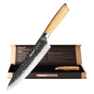 hecef 8 inch chef knife damascus professional japanese knife, high carbon damascus stainless steel kitchen knife with ergonomic olive wood handle, sharp cooking knife