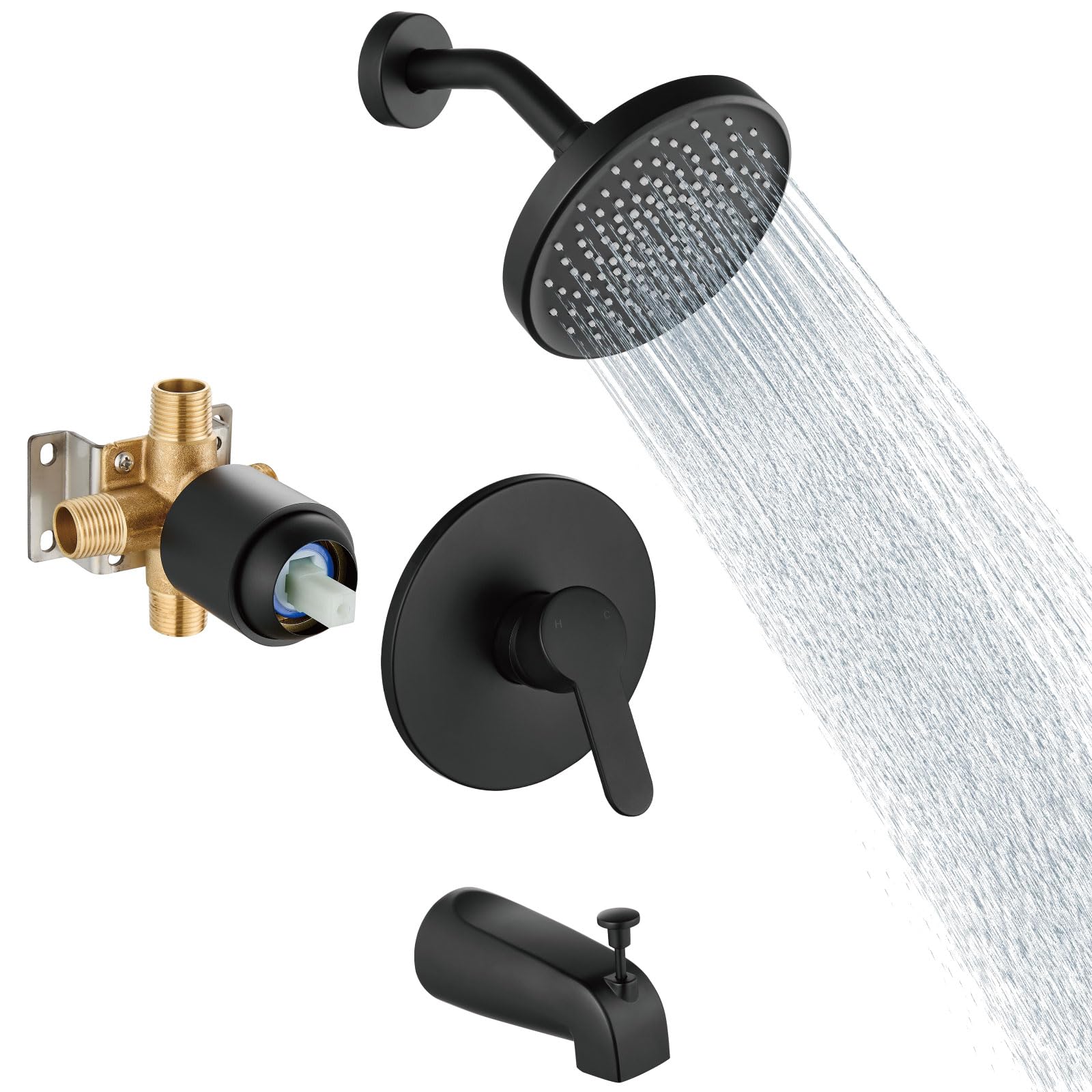 Aolemi Tub Shower Faucet Set With Valve Wall Mount Shower Trim Kit 6 Inch Bathtub Fixtures Rough-in Valve Single-Spray Shower Head System 5.3 Inch Tub Spout Matte Black Modern