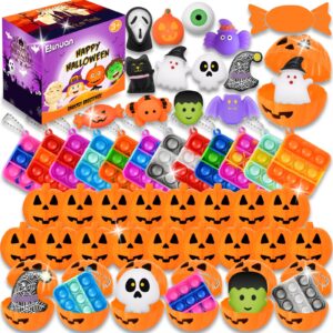 48 halloween toys pack with pumpkin box, halloween party favors gifts for kids, squishy mochi toys in bulk with bubble push it keychain, halloween treat bags fillers, trick or treat classroom prizes