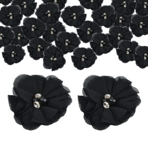 urroma chiffon fabric flowers for crafts, 30 pcs black pearl flower appliques for clothes sew on fabric flowers for headbands diy hair clothes shoes accessories