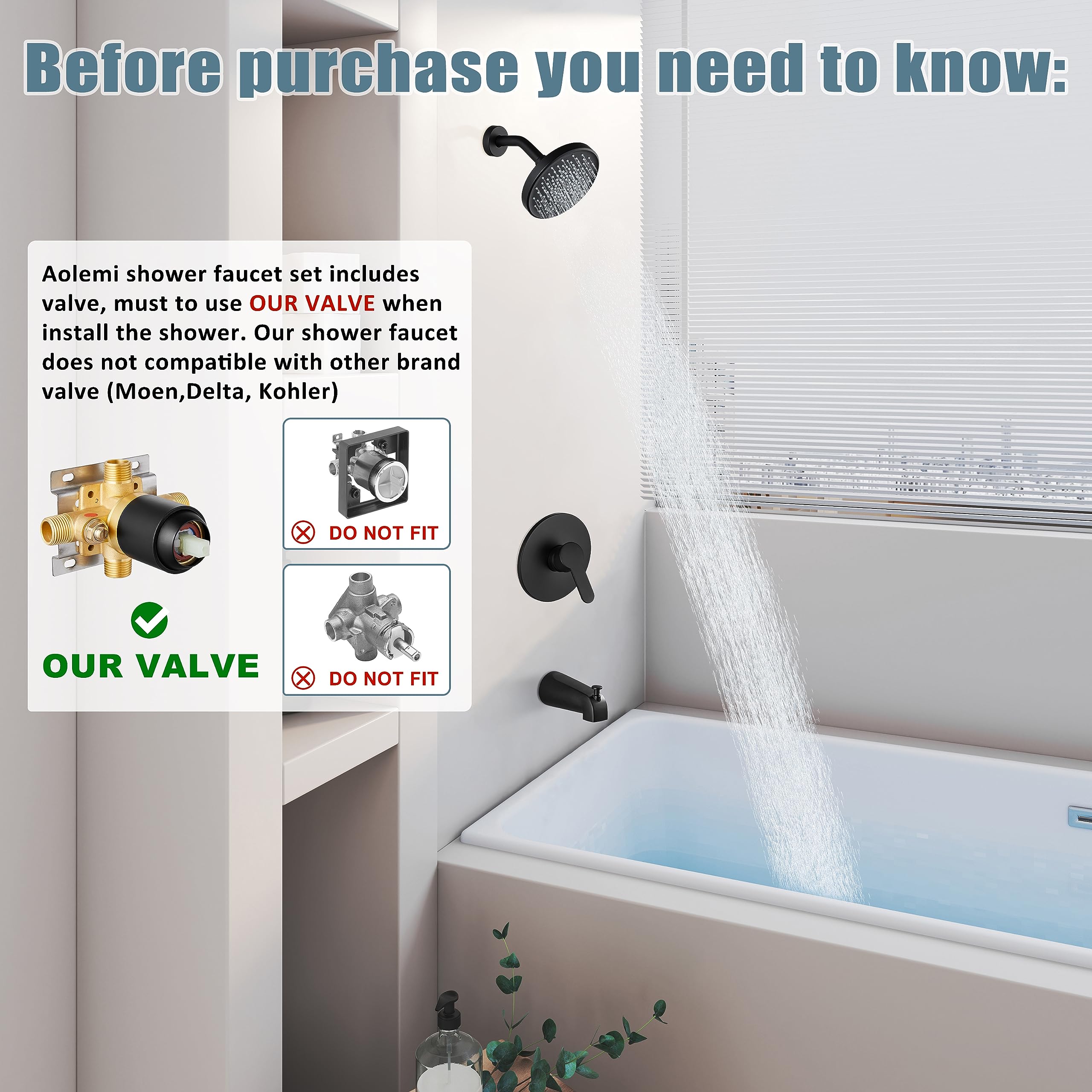 Aolemi Tub Shower Faucet Set With Valve Wall Mount Shower Trim Kit 6 Inch Bathtub Fixtures Rough-in Valve Single-Spray Shower Head System 5.3 Inch Tub Spout Matte Black Modern