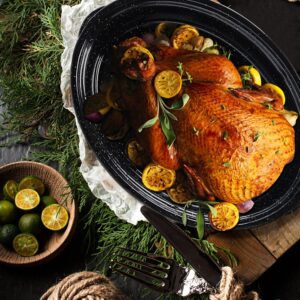 Letschef Roasting Pan 18.3 inch Roaster Pan Set Enamel Oven Roaster Pan with Lid for Turkey Chicken Cookware