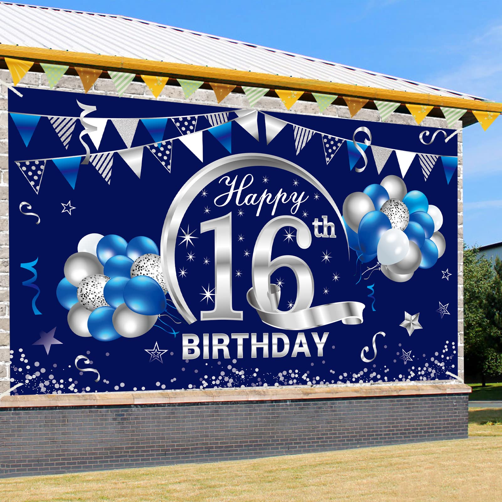 Kauayurk Blue Silver 16th Birthday Banner Decorations for Boy - Happy 16 Birthday Backdrop Party Supplies - Sixteen Birthday Poster Photo Props Brackground Sign Decor