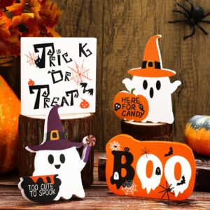 4 pieces halloween decor halloween tiered tray decorations tabletop wooden ghost theme table centerpieces cute decor boo halloween blocks spooky sign trick or treat candy sign for home shelf party