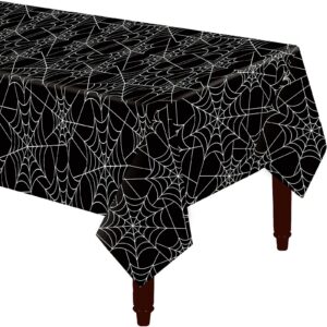 hamonical 54x107 inch halloween tablecloth, black rectangular spider web table cover, spillproof washable pvc table topper, perfect for halloween decoration, dinner parties