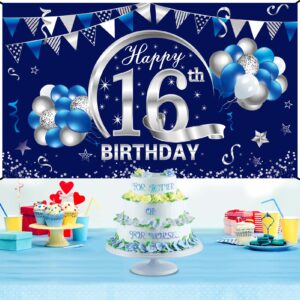 Kauayurk Blue Silver 16th Birthday Banner Decorations for Boy - Happy 16 Birthday Backdrop Party Supplies - Sixteen Birthday Poster Photo Props Brackground Sign Decor