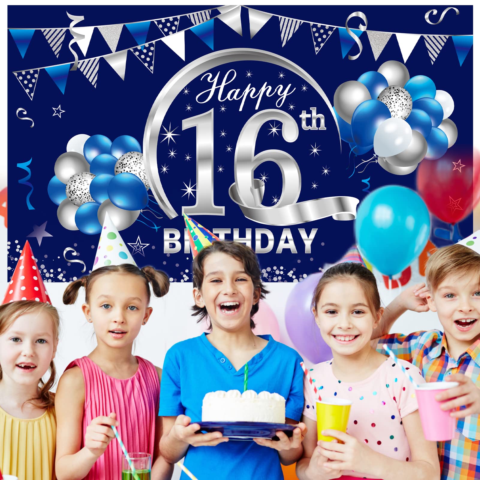 Kauayurk Blue Silver 16th Birthday Banner Decorations for Boy - Happy 16 Birthday Backdrop Party Supplies - Sixteen Birthday Poster Photo Props Brackground Sign Decor