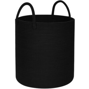 mintwood design large 18 x 16 inches decorative woven cotton rope basket, tall laundry basket hamper, blanket basket for living room, storage baskets for toys, towel, throw, pillow, full black