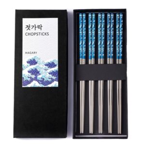 hagary blue wave chopsticks 5 pairs metal chopsticks reusable designed in korea japanese style stainless steel 316 18/10 non-slip dishwasher safe laser engraved