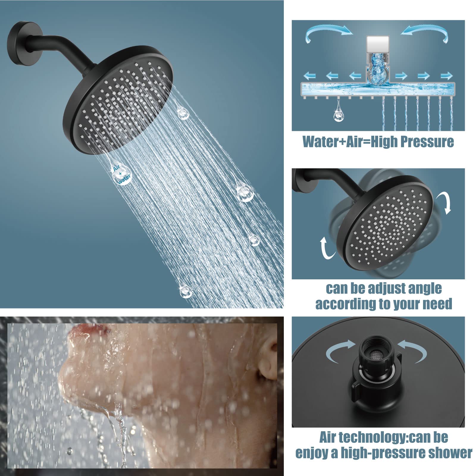 Aolemi Tub Shower Faucet Set With Valve Wall Mount Shower Trim Kit 6 Inch Bathtub Fixtures Rough-in Valve Single-Spray Shower Head System 5.3 Inch Tub Spout Matte Black Modern