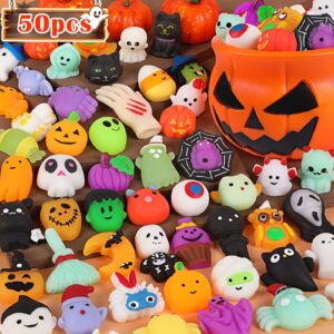 50pcs halloween mochi squishy toys with halloween pumpkin bucket halloween party favors trick or treat goodie bag filler halloween decorations kawaii squishy halloween toys gifts for boy girl random