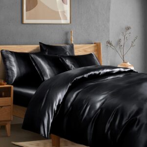 manyshofu 6pcs black satin duvet cover set queen size with satin fitted sheet - not comforter, silky comforter cover set satin duvet covers and sheets (4 pillowcases, 1 duvet cover, 1 fitted sheet)