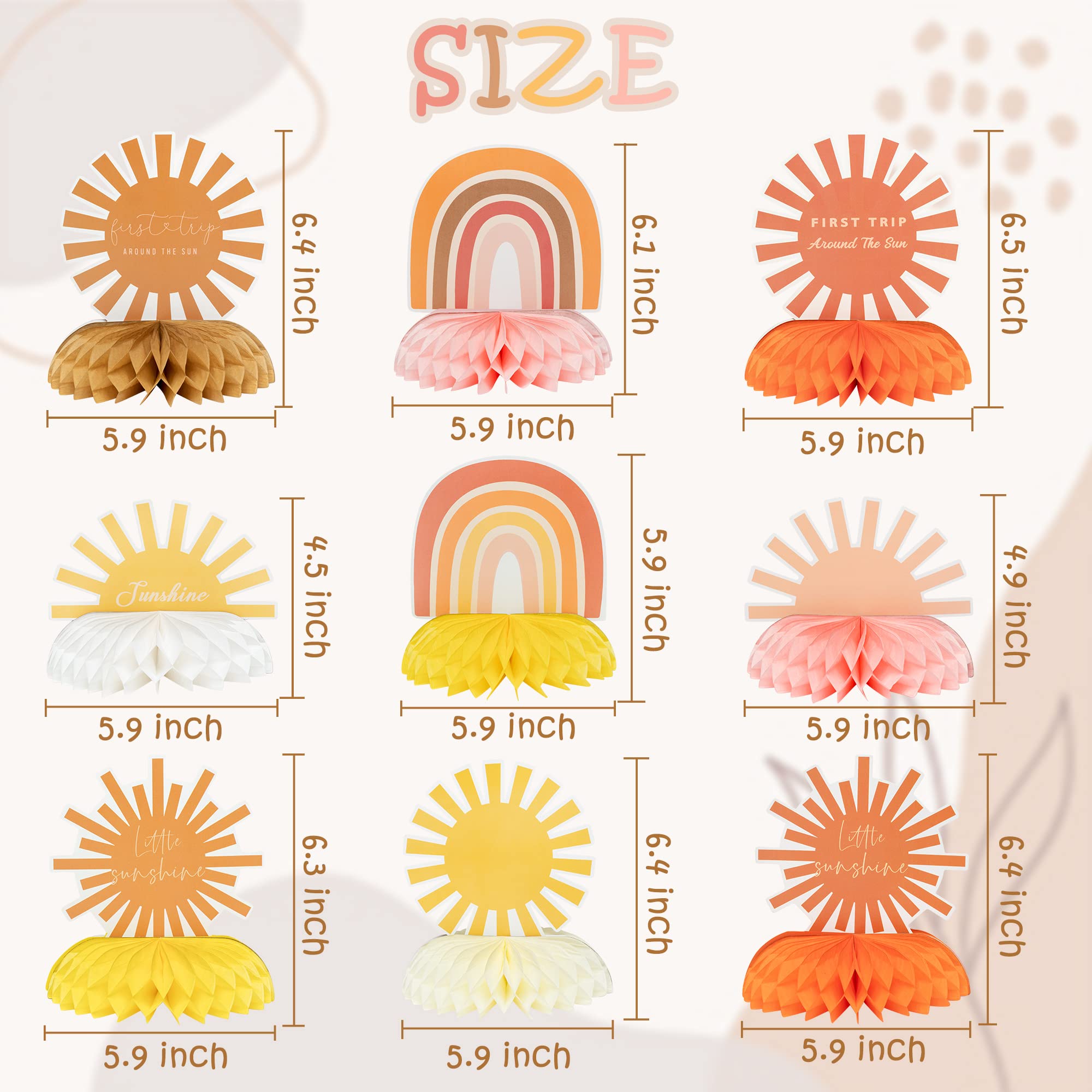 G1ngtar 9Pcs Boho Sun Honeycomb Centerpieces Table Toppers Hippie Rainbow Muted Sun Table Decor First Trip Around the Sun Birthday Party Decoration Baby Shower Supplies for Baby Boys Girls