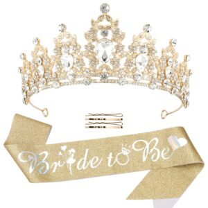 cieher bride to be kit: crystal crown, gold sash for bridal shower & bachelorette party decorations - crystal material