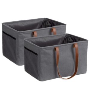 navaris collapsible laundry baskets - set of 2 - foldable washing hampers - clothes storage bins with fabric drawstring lid & side handles - gray