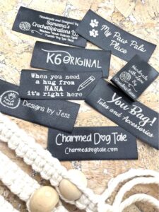 30 black custom printed satin fabric labels sew on for clothing, crafts, nursing home clothing, children's clothing, knitting, crocheting, handmade items