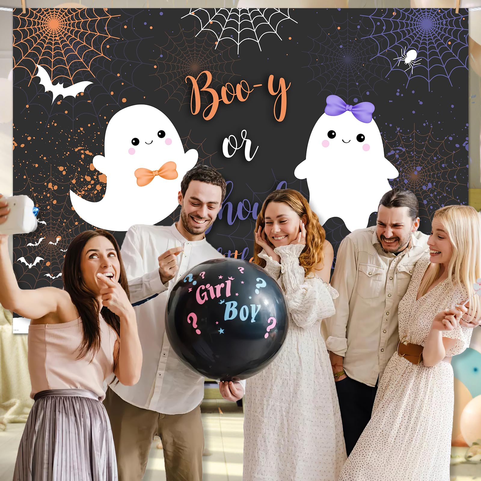 Mocsicka Halloween Gender Reveal Backdrop Booy or Ghoul Gender Reveal Background Halloween Ghost Gender Reveal Party Cake Table Decoration Banner Photo Booth Props (7x5ft)