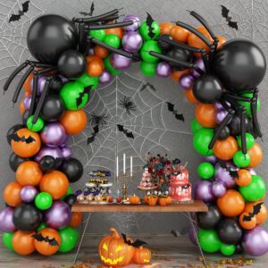 halloween balloon garland arch kit, 128pcs black long twisting balloon metallic purple balloon orange light green balloons with bat for ghost halloween party decorations supplies kids house garden