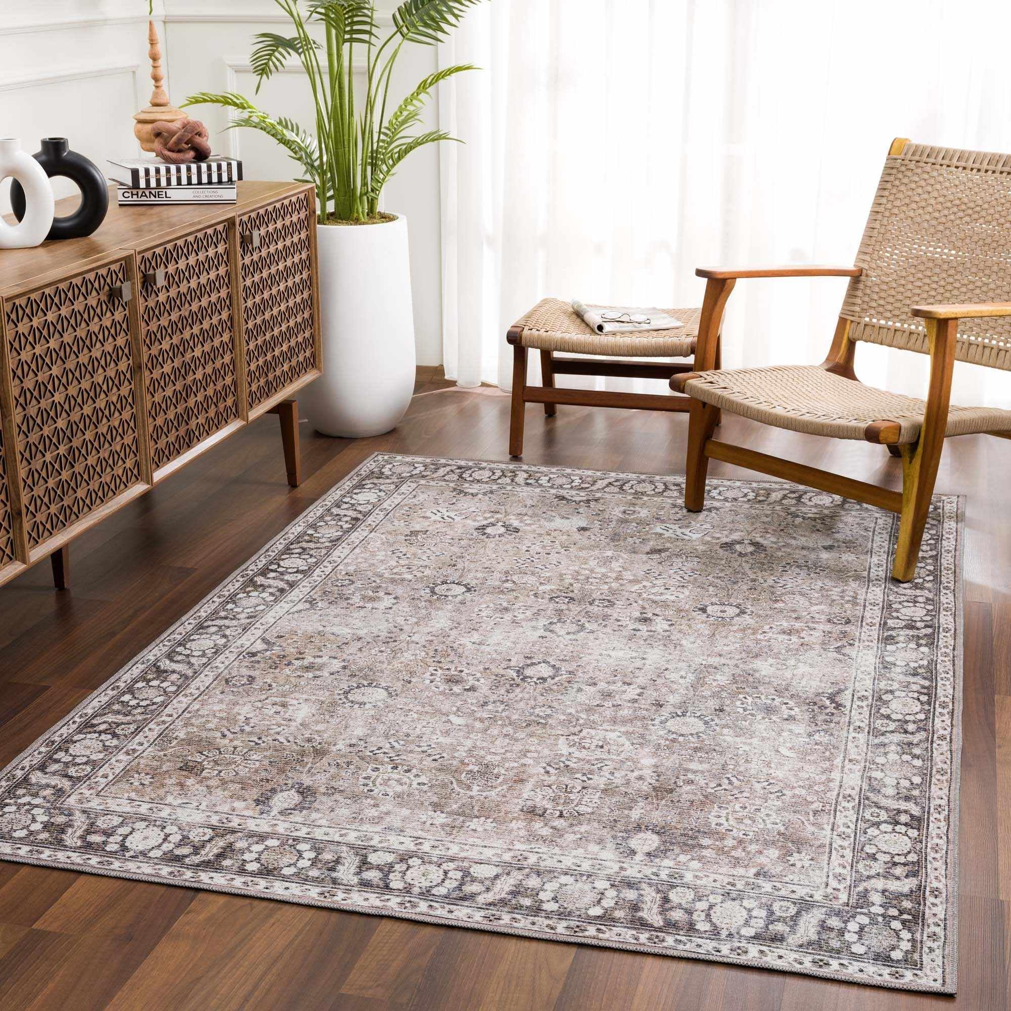 Hauteloom Ganyangan Boho Vintage Distressed Damask Area Rug - Farmhouse Traditional Floral Faded Carpet for Living Room, Bedroom - Machine Washable Rug - Brown, Taupe, Cream - 7'10" Square