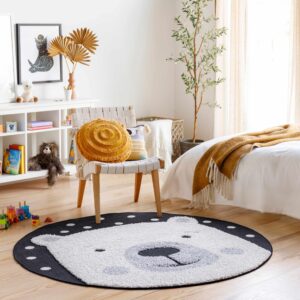 hauteloom kids room, nursery round area rug - outdoor patio safe - animal bear playroom carpet - beige, gray, black, cream - 7'10"