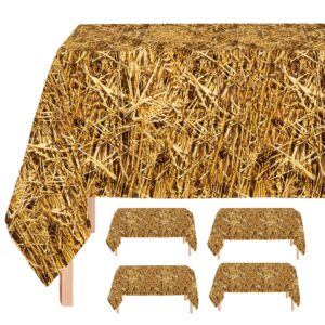 oojami 4 pack straw table cover western birthday theme tablecloth large size 54" x 108" ideal for cowboy theme party, hawaiian luau, carnivals, farm theme birthdays, pumpkin patch, hay bales