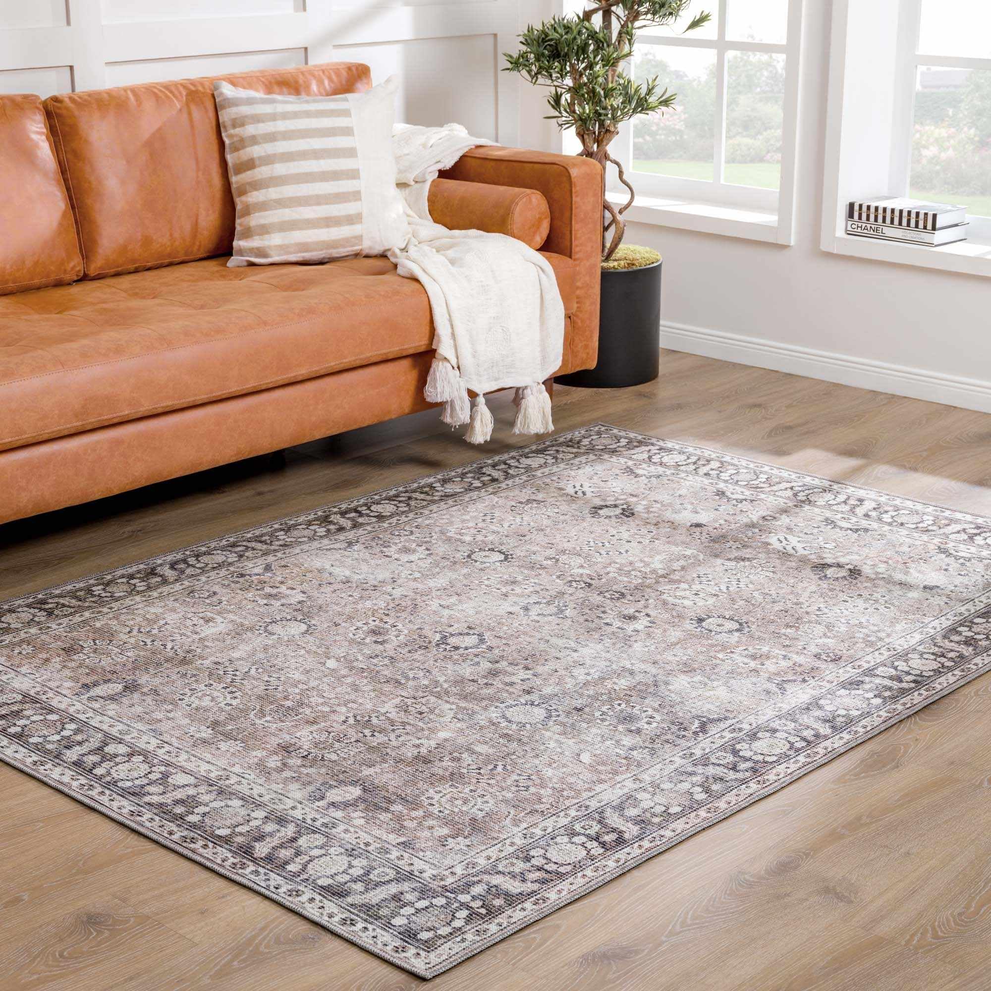 Hauteloom Ganyangan Boho Vintage Distressed Damask Area Rug - Farmhouse Traditional Floral Faded Carpet for Living Room, Bedroom - Machine Washable Rug - Brown, Taupe, Cream - 7'10" Square