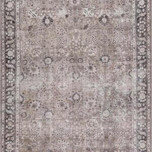 Hauteloom Ganyangan Boho Vintage Distressed Damask Area Rug - Farmhouse Traditional Floral Faded Carpet for Living Room, Bedroom - Machine Washable Rug - Brown, Taupe, Cream - 7'10" Square