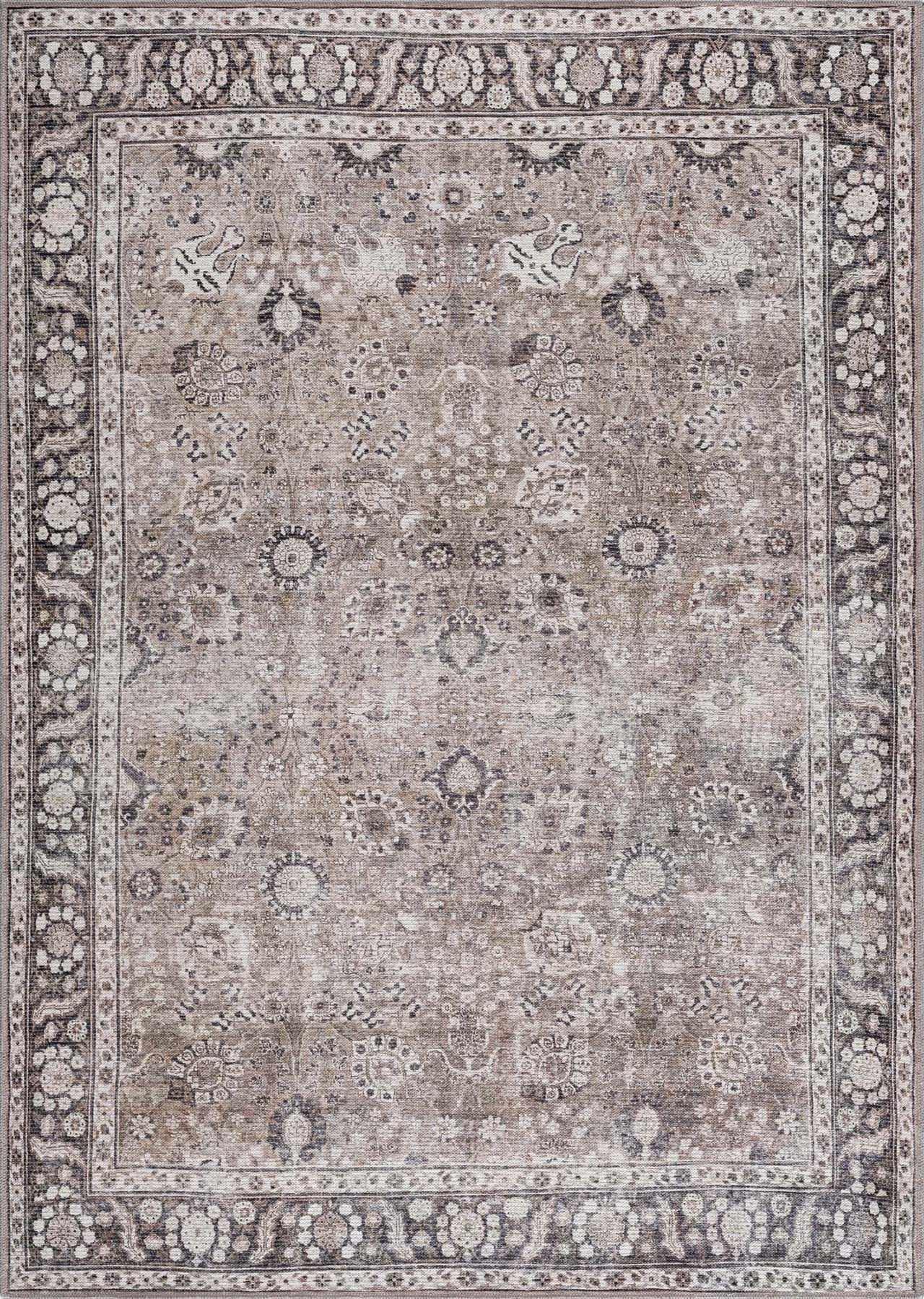 Hauteloom Ganyangan Boho Vintage Distressed Damask Area Rug - Farmhouse Traditional Floral Faded Carpet for Living Room, Bedroom - Machine Washable Rug - Brown, Taupe, Cream - 7'10" Square