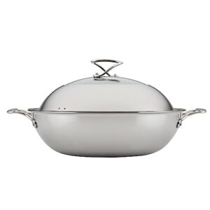 circulon clad stainless steel wok/stir fry with glass lid and hybrid steelshield and nonstick technology, 14 inch - silver