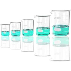 onilab glass measuring beaker set 50ml 100ml 250ml 500ml 1000ml(pack of 5) 3.3 boro griffin low form with printed graduation scientific glassware for laboratories, classrooms or home use