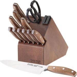 chicago cutlery signature edge steel 13-piece kitchen knife block set with wooden block & built-in sharpener, ergonomic handles and stainless steel professional chef knife set & scissors in walnut