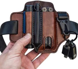 handmade leather multitool sheath, edc belt pocket organizer, flashlight holster, storage belt waist bag for camping, leatherman sheath with pen holder, key fob (brown)